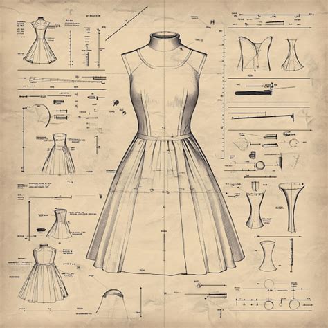 Visual Of A Detailed Sewing Pattern For A Dress With All Components