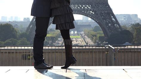 Detail Of Couple Of Lovers Feet Dating Close Eiffel Tower Man And