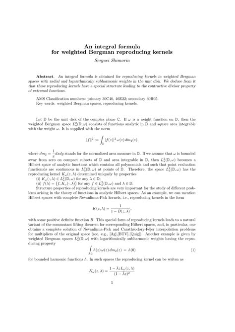 Pdf An Integral Formula For Weighted Bergman Reproducing Kernels