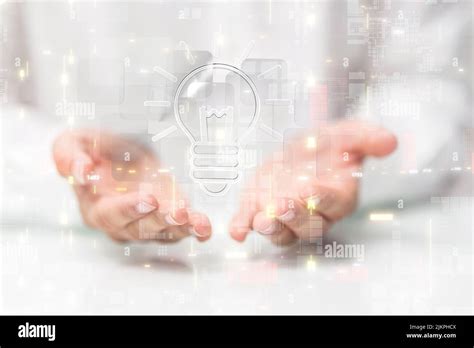 A 3d Rendering Of Lightbulb Floating Over Human Hands Neural Network And Cybersecurity Concept