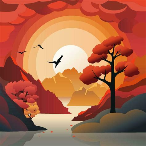 Nature Flat Landscape Illustration In Funky Cartoon Style Scandinavian