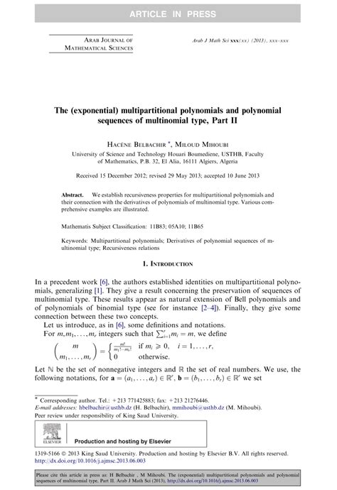 Pdf The Exponential Multipartitional Polynomials And Polynomial Sequences Of Multinomial Pdf The Exponential Multipartitional Polynomials And Polynomial Sequences Of Multinomial