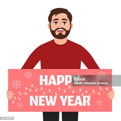 남자는 흰색 바탕에 포스터 해피 뉴가 어 벡터 일러스트 레이 션을 보유 하 12월 31일에 대한 스톡 벡터 아트 및 기타 이미지 12월 31일 겨울 계절 Istock