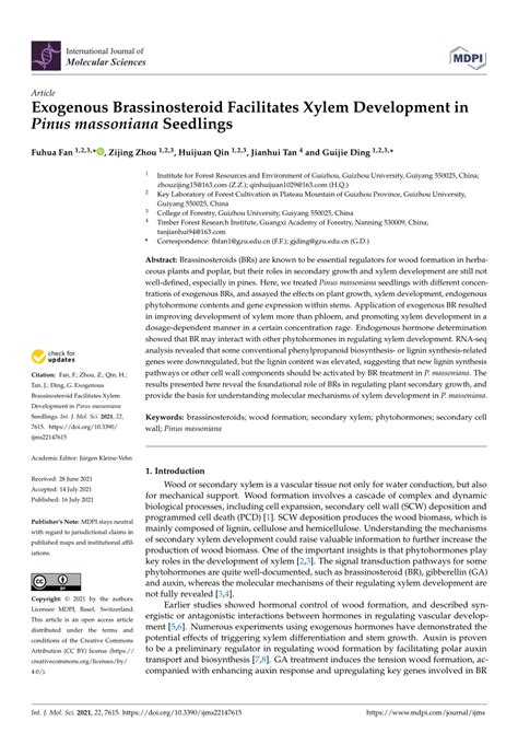 Pdf Exogenous Brassinosteroid Facilitates Xylem Development In Pinus