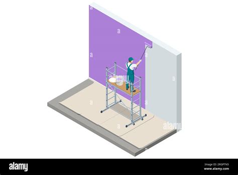 Isometric Worker Painting The Wall Extensive Scaffolding Providing Platforms For Work Stock