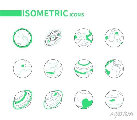 Solar System Planets Line Isometric Icons Set • Wall Stickers Green Outline Linear