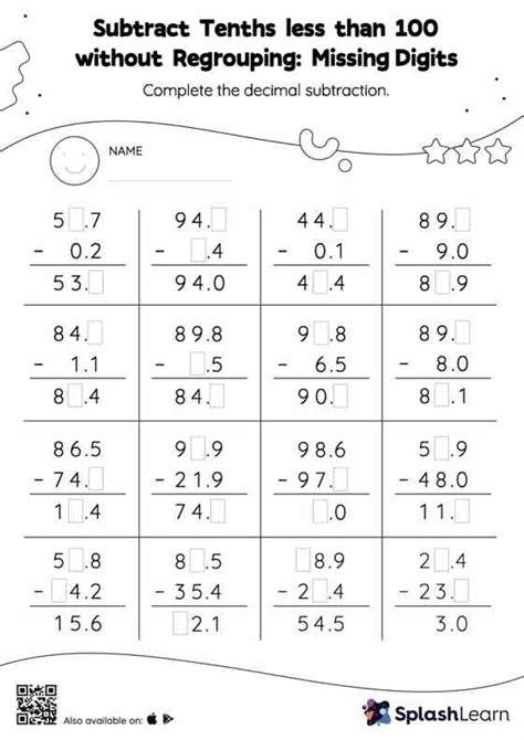 Subtract Tenths Less Than 100 Without Regrouping Missing Digits Math