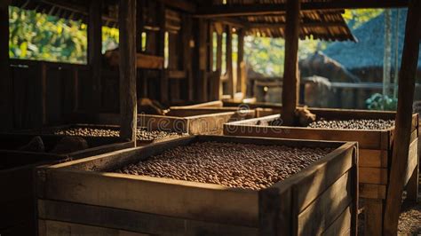 Cocoa Bean Fermentation Process In Wooden Boxes With Farmers Gently Turning The Beans Stock