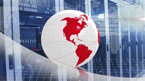 animation of data processing and globe over server room stock footage
