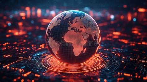 Futuristic Digital Globe With Glowing Red Continents Symbolizing Global Data Networks Stock
