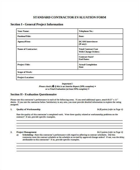 Contractor Evaluation Form Templates