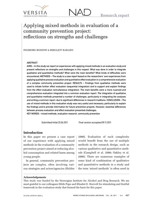Pdf Applying Mixed Methods In Evaluation Of A Community Prevention