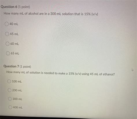 Solved Question Point How Many ML Of Alcohol Are In A Chegg Com