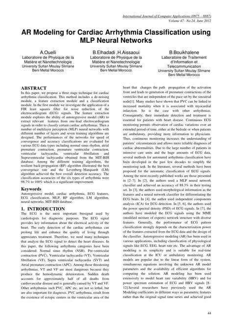 Pdf Ar Modeling For Cardiac Arrhythmia Classification Using Mlp Neural Networks
