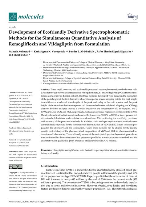 Pdf Development Of Ecofriendly Derivative Spectrophotometric Methods For The Simultaneous