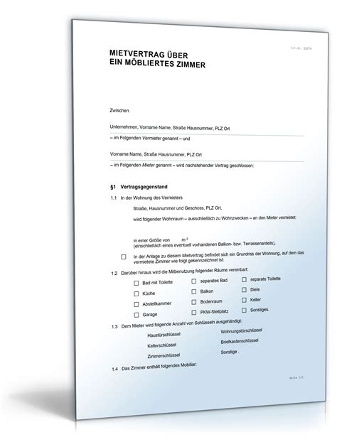 Mietvertrag über Ein Möbliertes Zimmer ⋆
