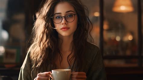 Premium Ai Image Smart Beautiful Girl Drinks Coffee Generation Ai