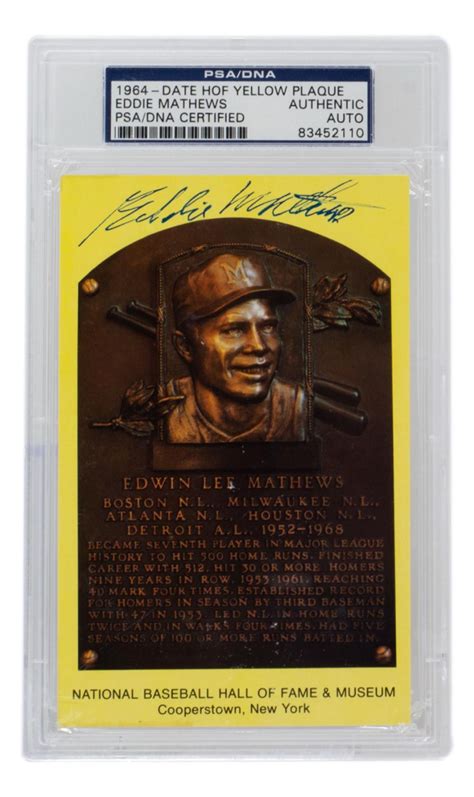Eddie Mathews Signed Hall Of Fame Plaque Postcard Psa Pristine Auction