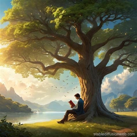 Man Reading Book Under Tree Stable Diffusion Online