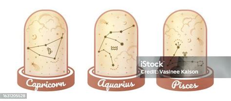 염소자리 물병자리 물고기자리 조디악 기호와 별자리 별자리 마법 항아리에 황금빛 구름 달 별 별가루로 둘러싸인 단순한 스타일 난해합니다 초자연적 인 점성가와 점성가에게 적합