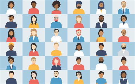 화면에 설정된 사람 아바타 아이콘 다양한 빈 얼굴을 프로파일 소셜 네트워크 화상 회의 벡터 추상 일러스트레이션 다양성에 대한