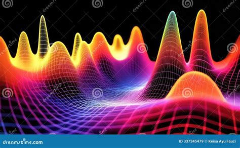 Abstract Visualization Of Sound Waves In Vibrant Colors And 3d Grid Structure Stock Illustration