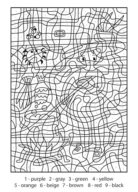 마법의 물약이 있는 어린이 마녀와 가마솥을 위한 숫자 교육 게임으로 색칠하기 프리미엄 벡터