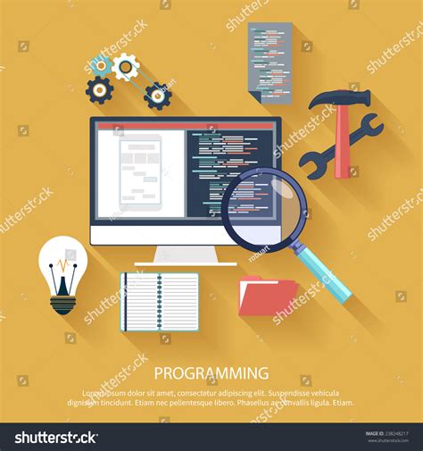 User Programming Coding In Flat Design Stylish Icons For Application Development Or Software
