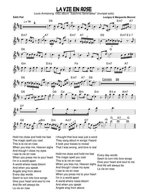 La Vie En Rose Trumpet Solo Sheet Music With Chords For Piano Solo