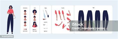 캐릭터 Diy 키트 벡터 평면 디자인 사람들 일러스트레이션 여자 생성자 요소 집합입니다 다양한 감정 머리카락 피부 가방 보석 손과 다리를 가진 젊은 여성 사무실 또는 학생