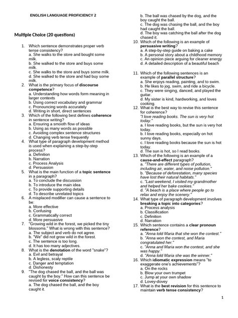 English Language Proficiency 2 Test Questionnaire Reviewer Pdf Word