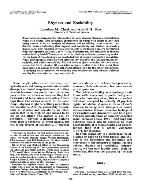 Cheek Buss 1981 Shyness And Sociability Annotated Pdf Shyness