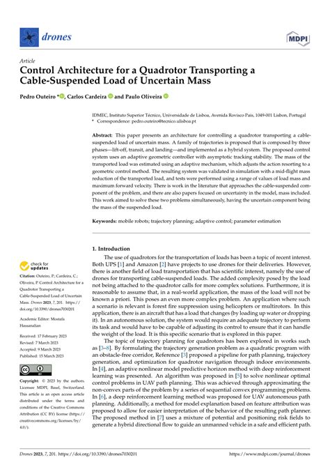 Pdf Control Architecture For A Quadrotor Transporting A Cable Suspended Load Of Uncertain Mass