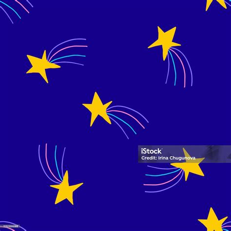 어두운 파란색 배경에 분홍색 파란색 보라색 광선을 가진 동그라미 손으로 그려진 노란 별에 비행으로 인쇄 하십시오 0명에 대한 스톡 벡터 아트 및 기타 이미지 Istock