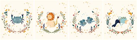 조디악 암 레오 쌍둥이 자리 물병 자리 나뭇잎 화려한 꽃과 별이 있습니다 점성술 조디악 표지판을 포스터 로고 카드에 완벽하게