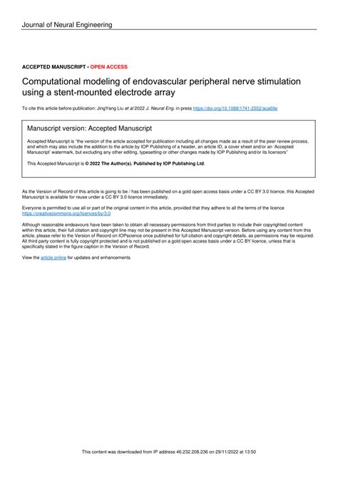 Pdf Computational Modeling Of Endovascular Peripheral Nerve Stimulation Using A Stent Mounted