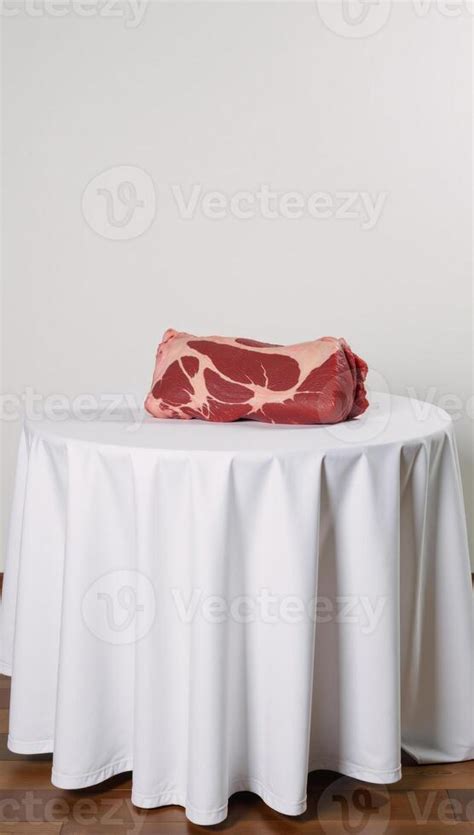 Raw Beef Carcass Showcases On Tableclothcovered Table Remains