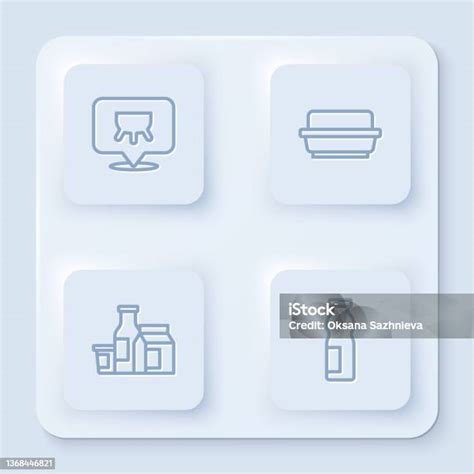 버터 접시에 버터 우유 제품 및 마시는 요구르트 병에 라인 Udder 버터를 설정합니다 흰색 정사각형 버튼 벡터 농업에 대한 스톡 벡터 아트 및 기타 이미지 Istock