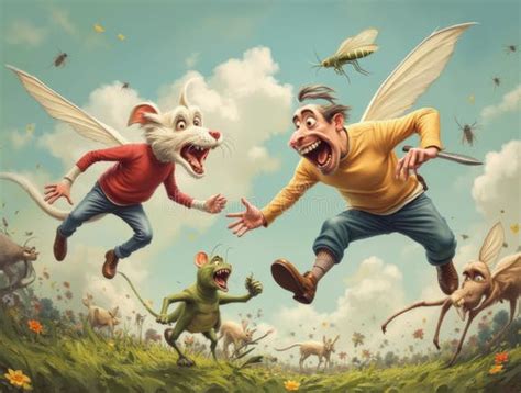 Whimsical Scene With A Man And A Rodent With Wings Chasing Across A
