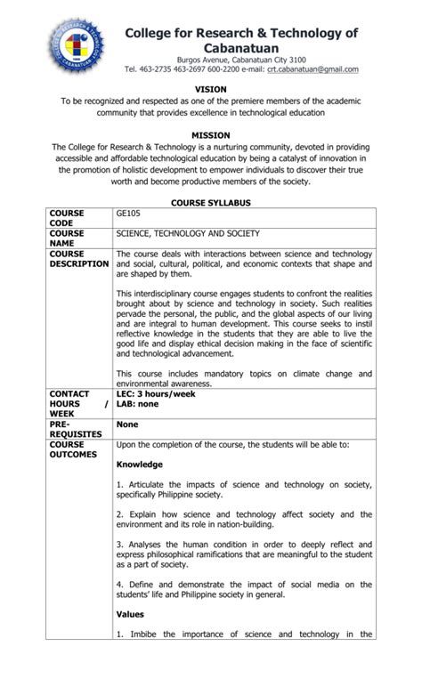 Science Technology And Society Course Syllabus