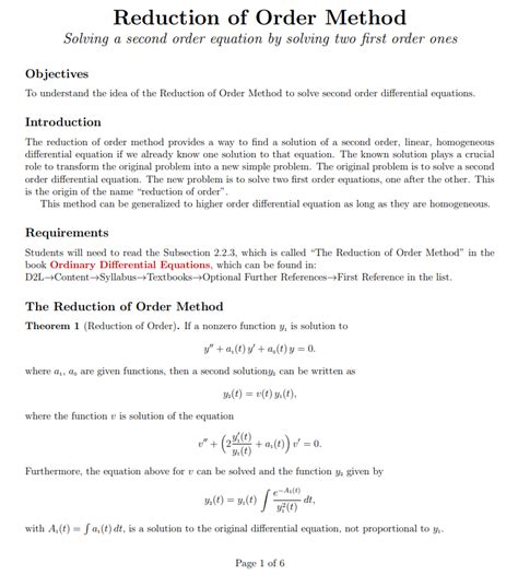 Solved Reduction Of Order Method Solving A Second Order Chegg