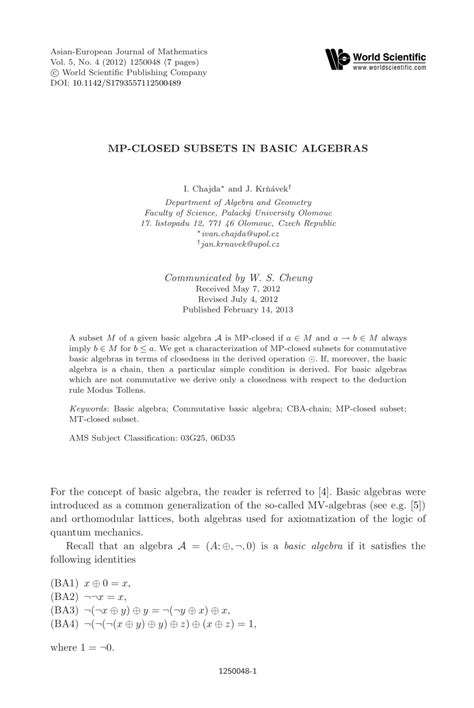 Pdf Mp Closed Subsets In Basic Algebras