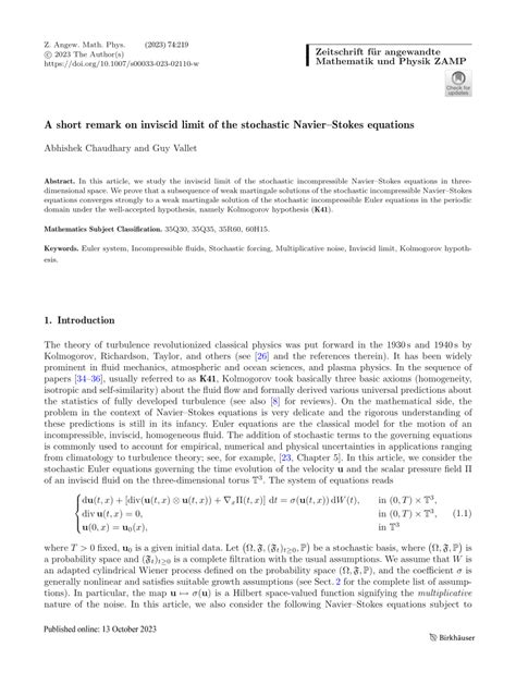 Pdf A Short Remark On Inviscid Limit Of The Stochastic Navier Stokes Equations