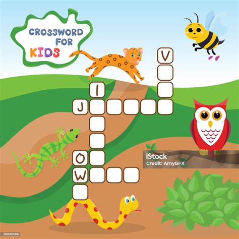 재규어 말 벌 올빼미 도마뱀 바이퍼의 그룹의 귀여운 만화와 함께 재미 있는 크로스 워드 퍼즐 게임 벡터 일러스트입니다 귀여운 유치원 교육 워크시트입니다 0명에 대한 스톡
