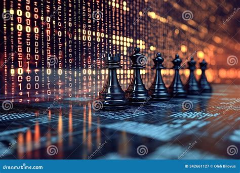chess pieces standing on digital board with binary code background