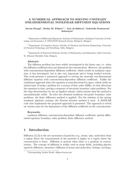 Pdf A Numerical Approach To Solving Unsteady One Dimensional Nonlinear Diffusion Equations