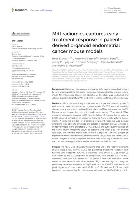 Pdf Mri Radiomics Captures Early Treatment Response In Patient Derived Organoid Endometrial