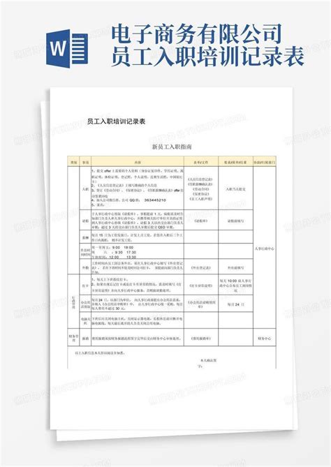电子商务有限公司员工入职培训记录表 Word模板下载 编号lknnjjmg 熊猫办公