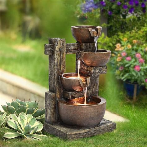 LuxenHome 23 2 H Bowls And Fence Resin Outdoor Fountain With LED Lights Fountains Outdoor