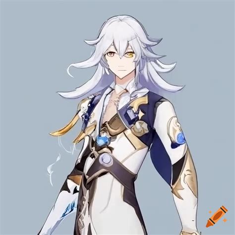 Genshin Impact Oc Handsome Male With White Long Hair And Blue Eyes Character Sheet On Craiyon